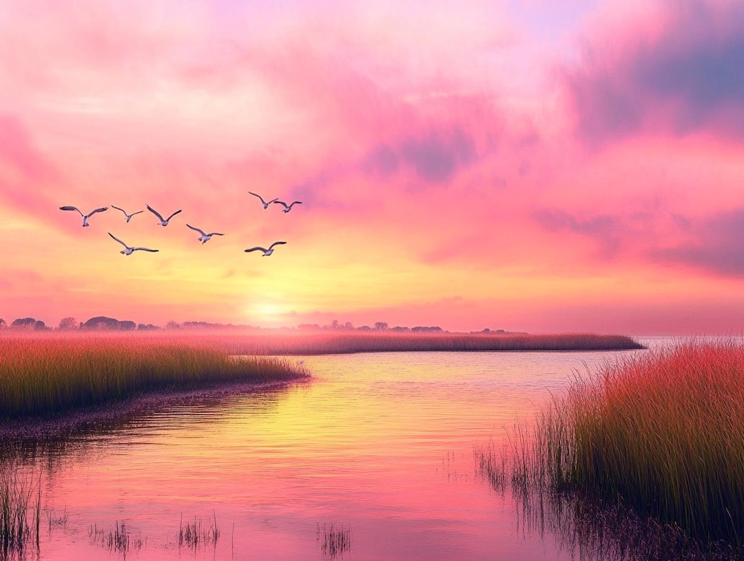 Pink Marsh Sunrise Wall Art, Coastal Landscape Print With Birds, Serene ...