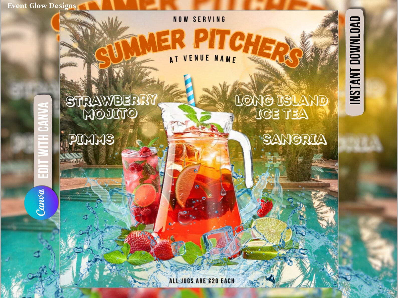 Summer Cocktail Pitcher Digital Flyer for Bar and Nightclub, Pimms ...
