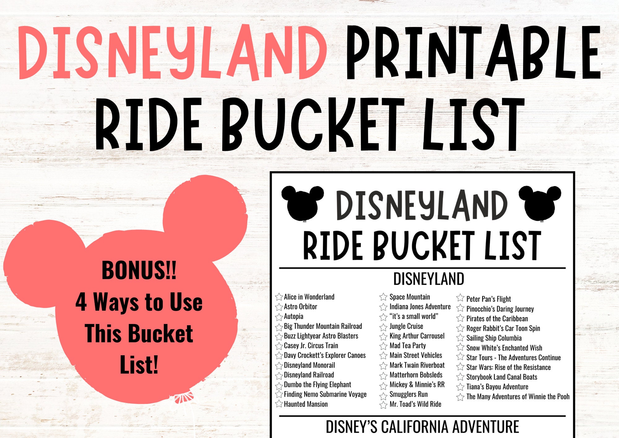 Disneyland Ride Bucket List Theme Park Bucket List, Printable Instant ...