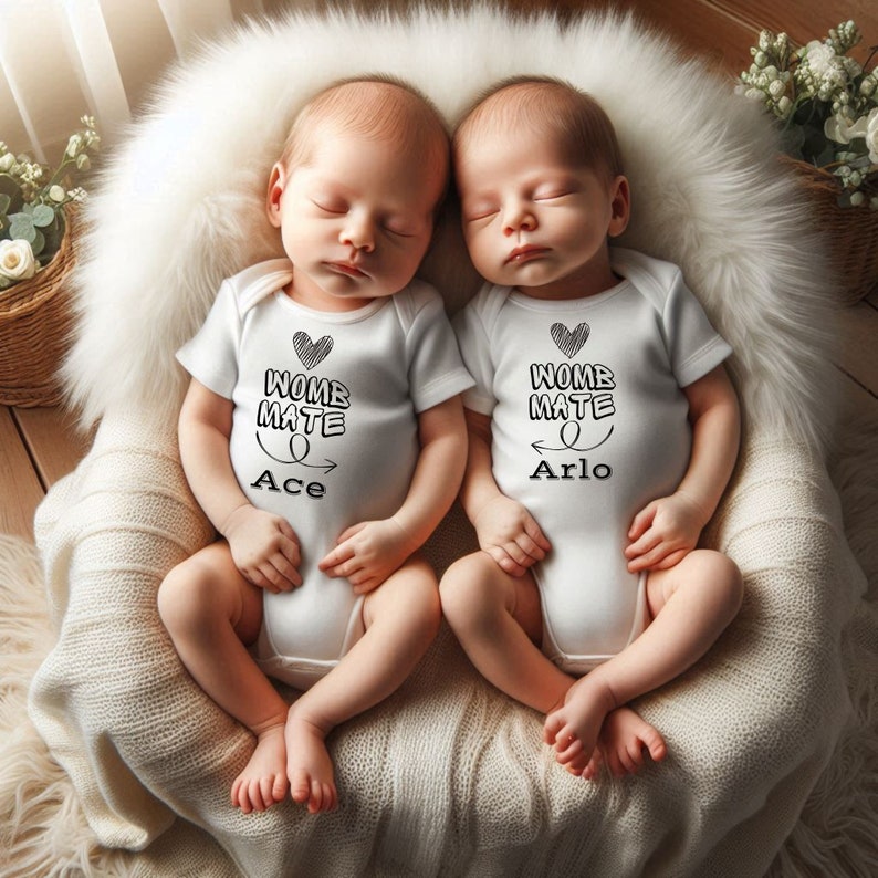Funny Womb Mate Twin Bodysuits - Personalized Set With Names - Grey ...