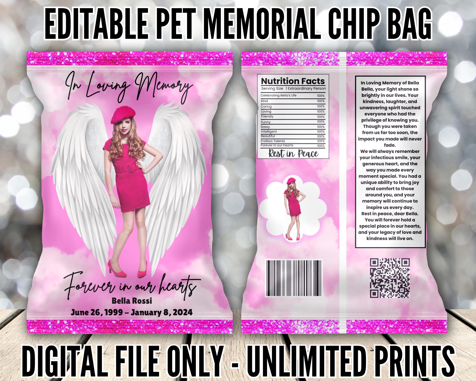 Editable Memorial Chip Bag Template With Angel Wings, Pink Heavenly Sky ...