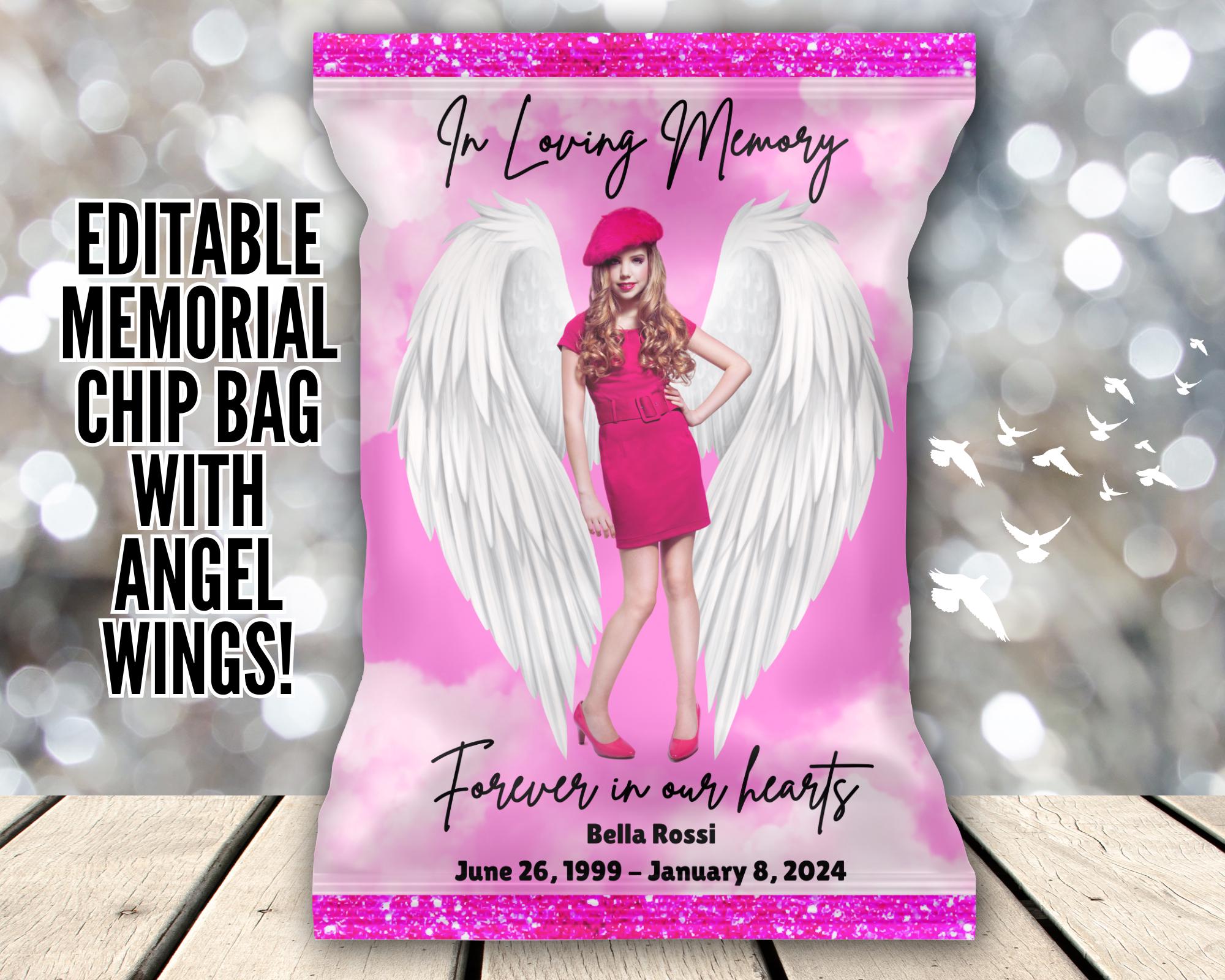 Editable Memorial Chip Bag Template With Angel Wings, Pink Heavenly Sky ...