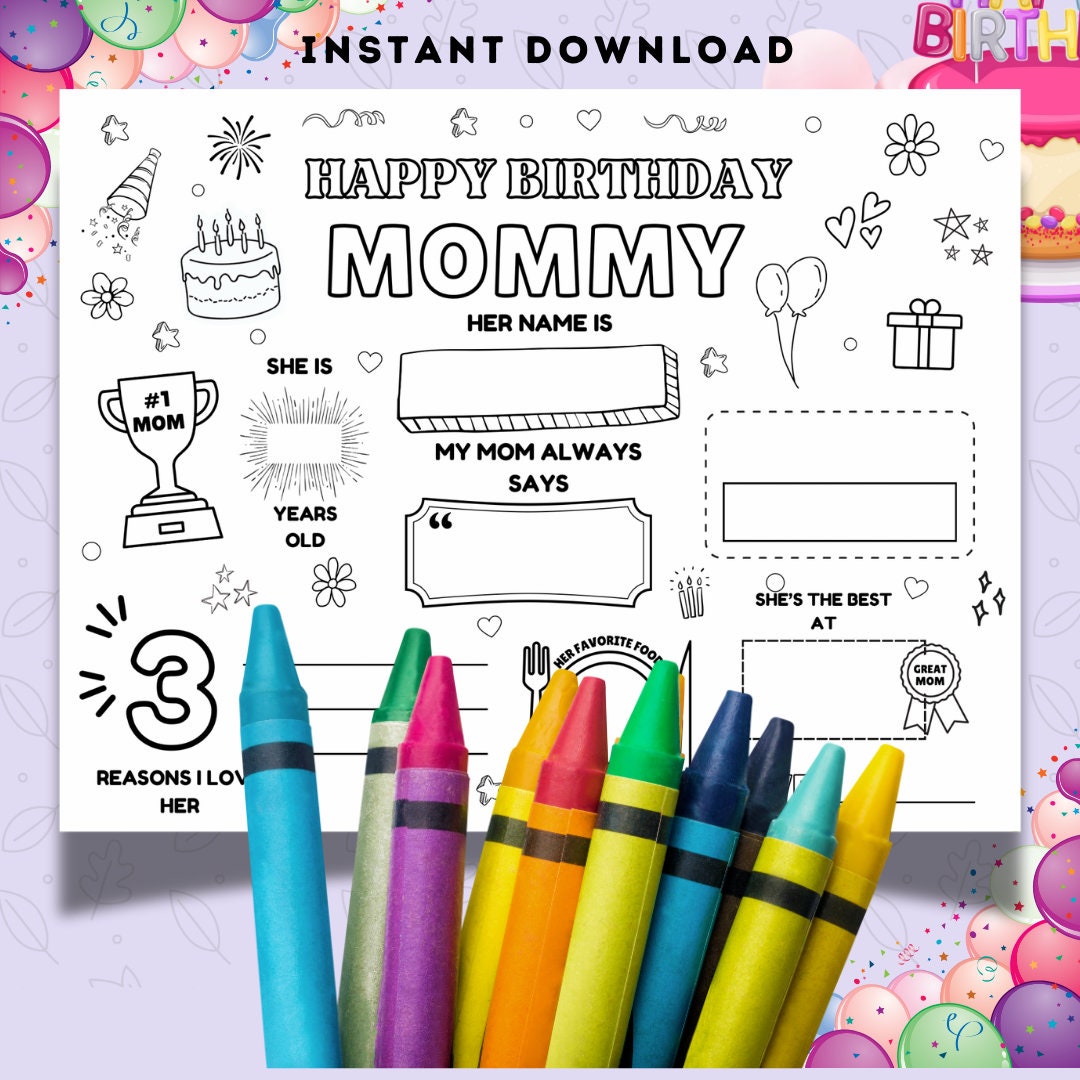 Printable Birthday Activity Placemat: Kids Coloring Mat (digital ...
