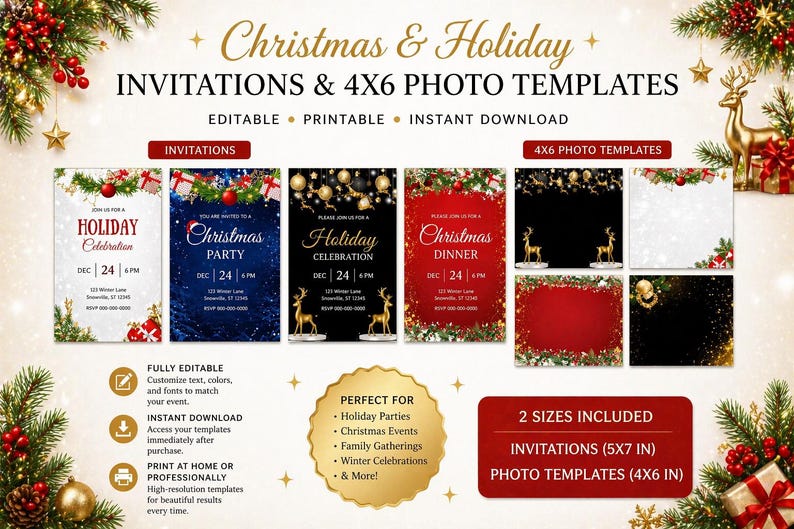 15 Editable Holidaytemplates, Christmas New Year Party Designs (4x6 ...