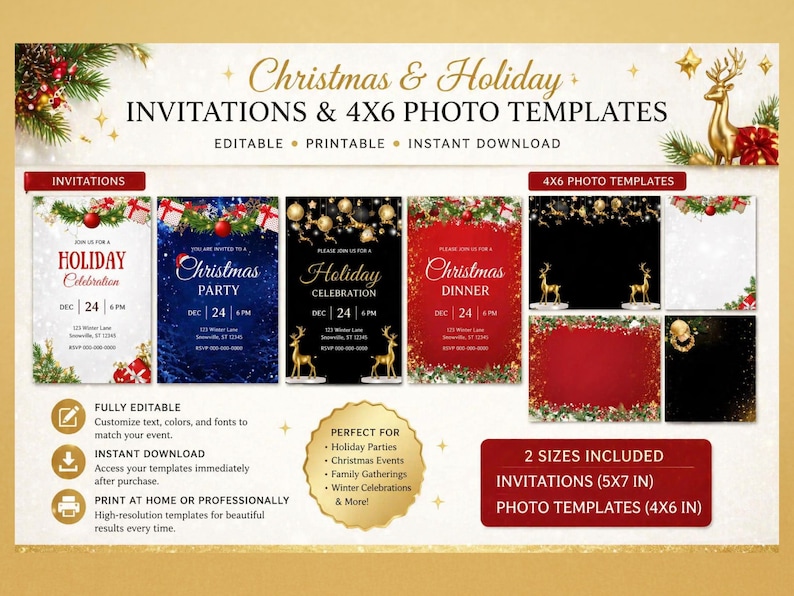 15 Editable Holidaytemplates, Christmas New Year Party Designs (4x6 ...