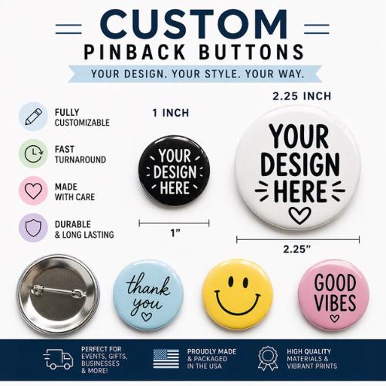 Custom Pinback Buttons, 1 Inch & 2.25 Inch, Photo, Logo, Party Favors ...