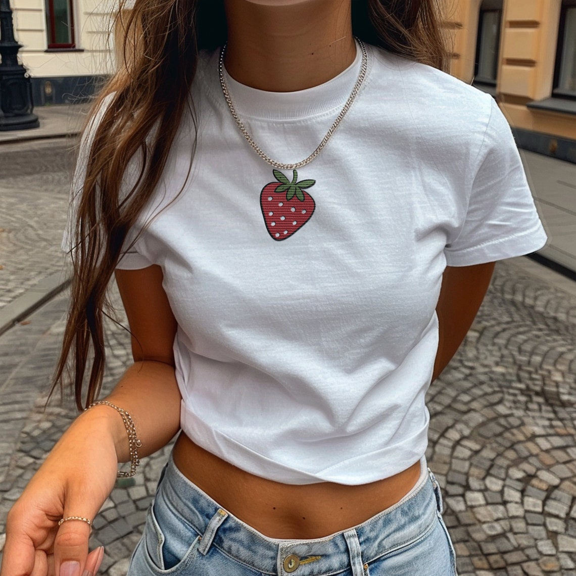 Strawberry Embroidered Baby Tee - Cropped Vintage Y2K Graphic T-shirt ...