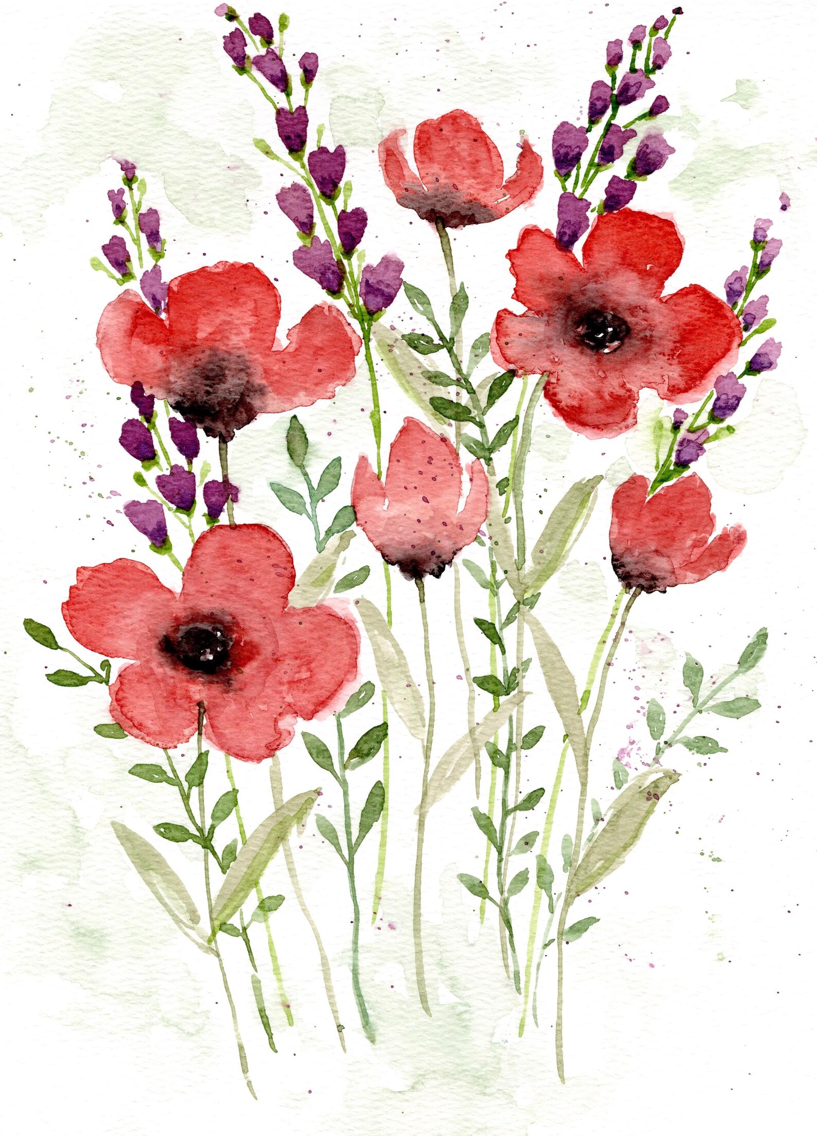Red and Purple Flowers With Stems 8x10 Watercolor Print - Etsy