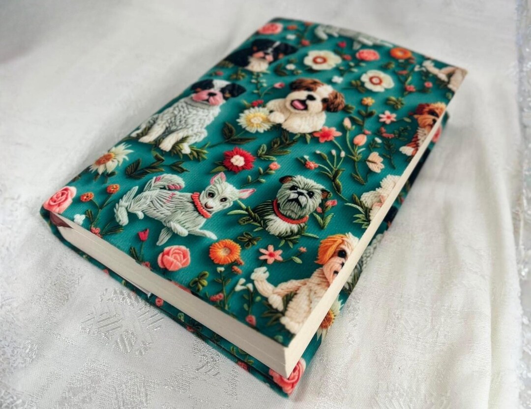 Handmade Fabric Book Cover – Dogs & Floral, Padded Adjustable Protector ...