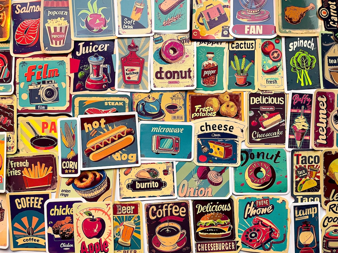 Pack of 50 Retro Food Poster Stickers, Retro Poster Sticker Pack ...