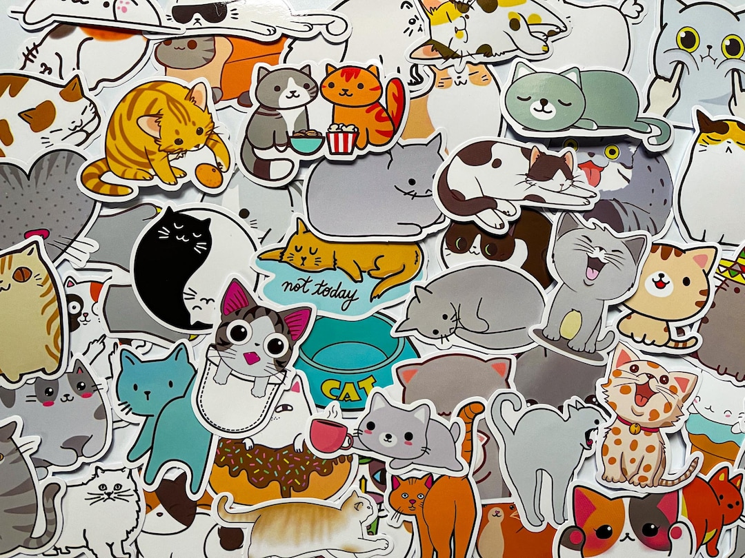 Pack of 50 Cartoon Cat Stickers, Cat Sticker Pack, Waterproof Sticker ...