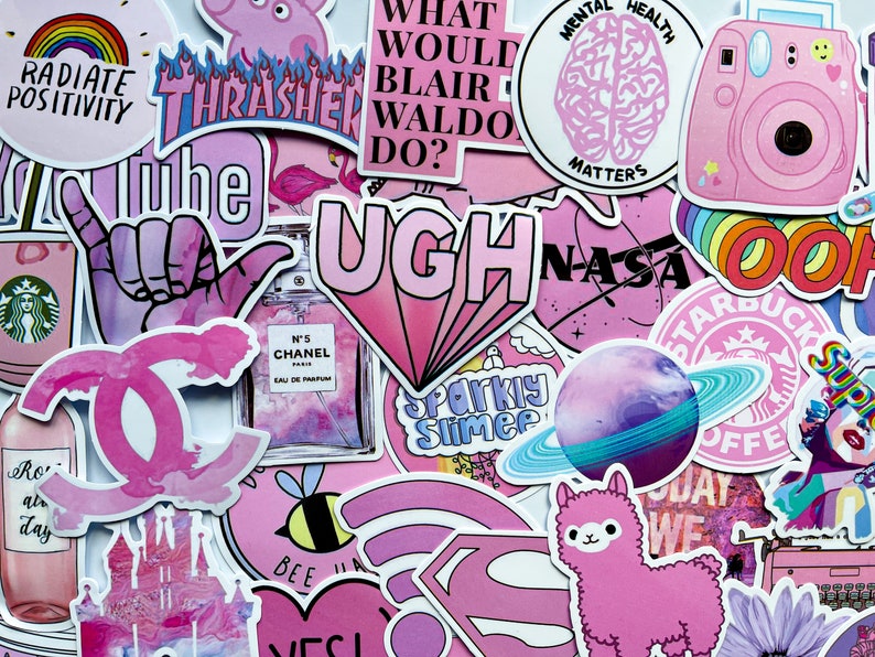 Pack of 53 VSCO Pink Stickers, Pink Sticker Pack, Waterproof Sticker ...