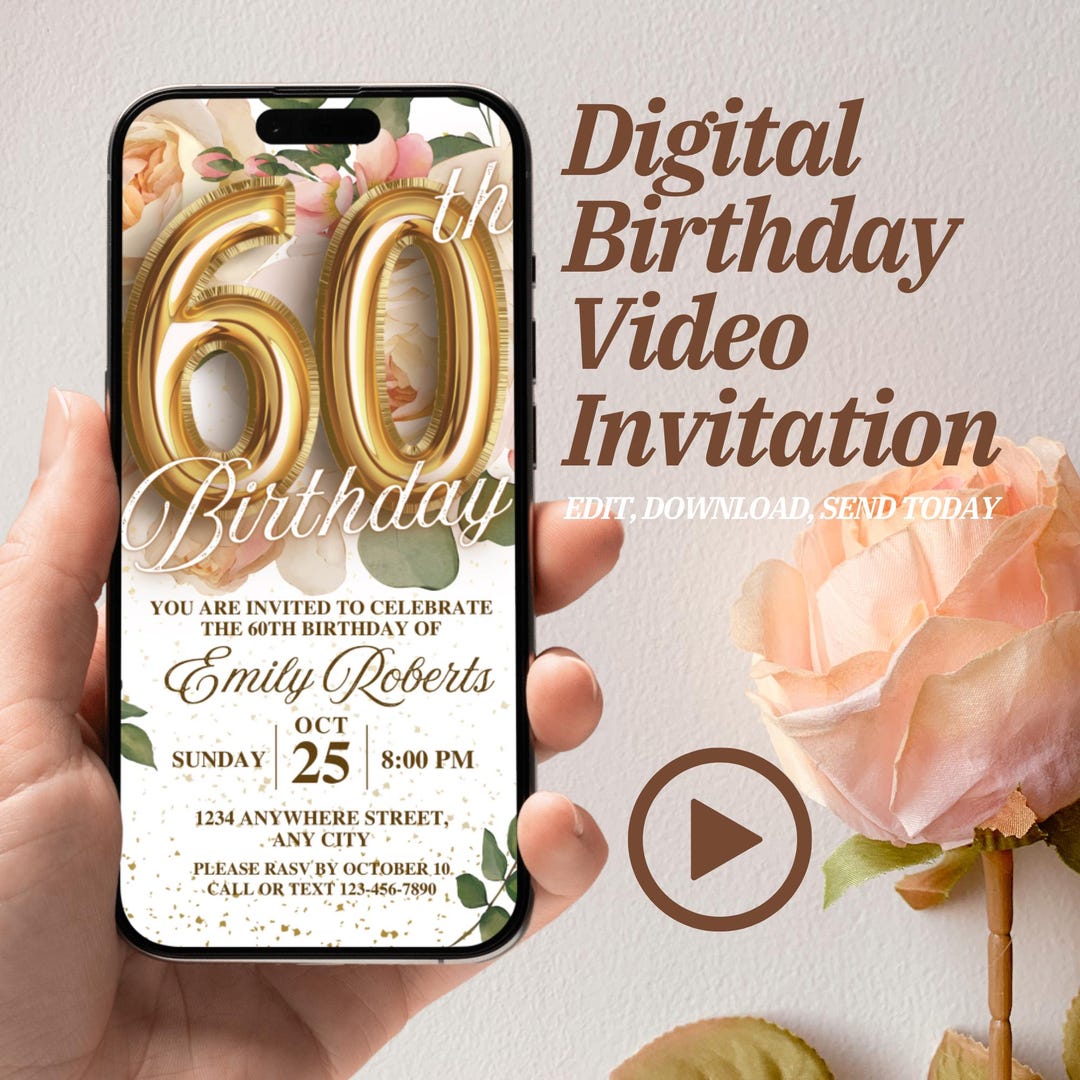 Elegant Rose Flower 60th Birthday Video Invitation, Gold Floral ...
