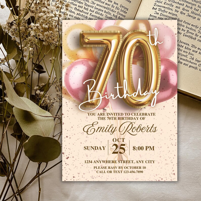 70th Birthday Rose Gold Balloon Invitation | Elegant Digital Invite for ...