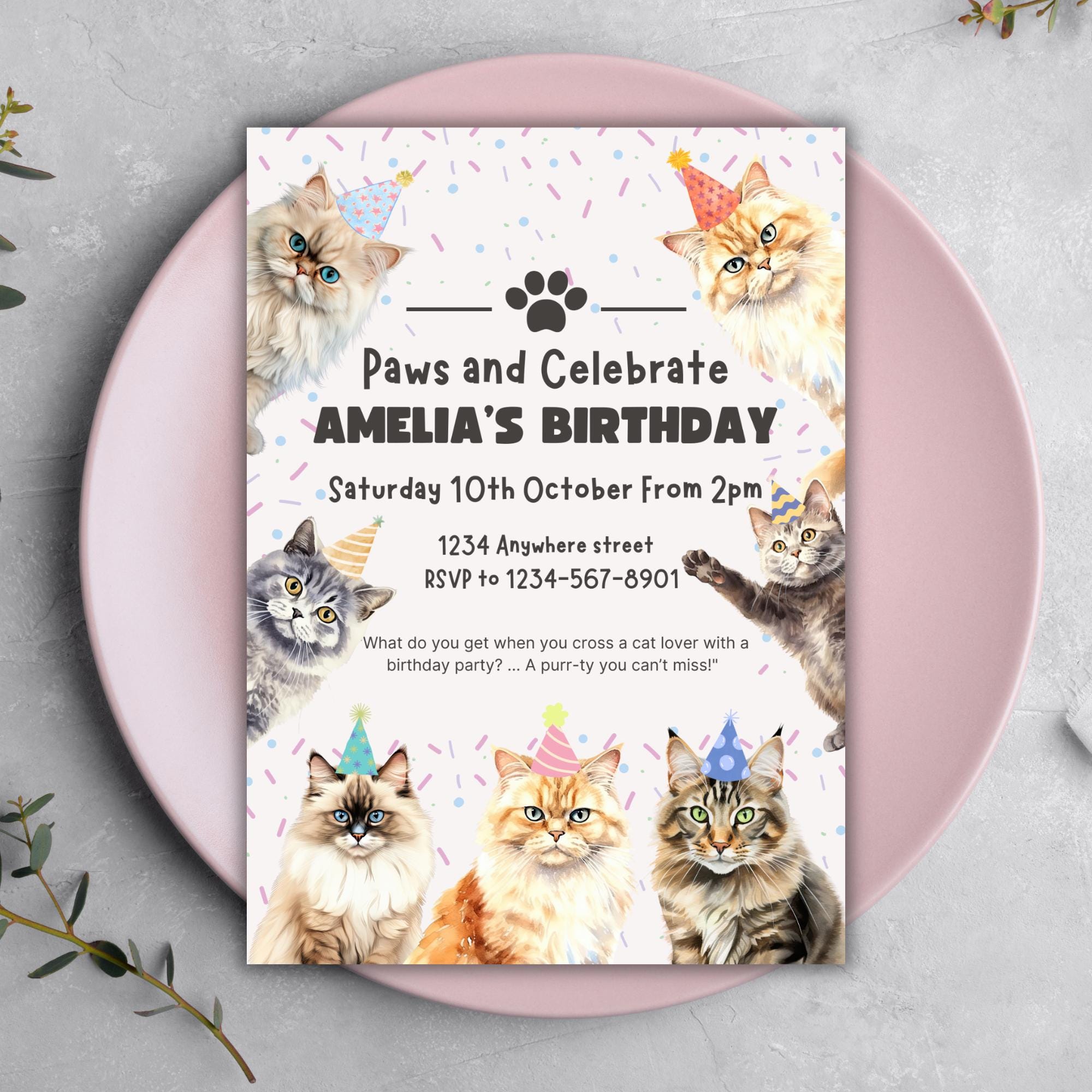 Cat Birthday Invitation, Editable Canva Template, Kitty Cat Party ...