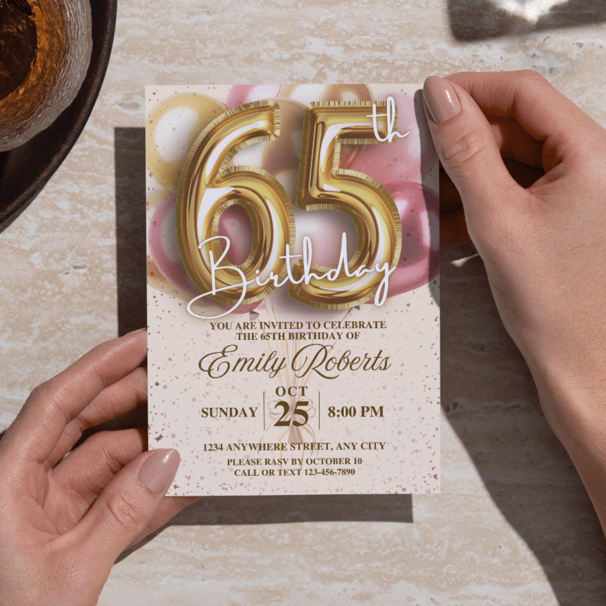 Elegant 65th Birthday Party Invitation | Rose Gold 65th Birthday Evite ...