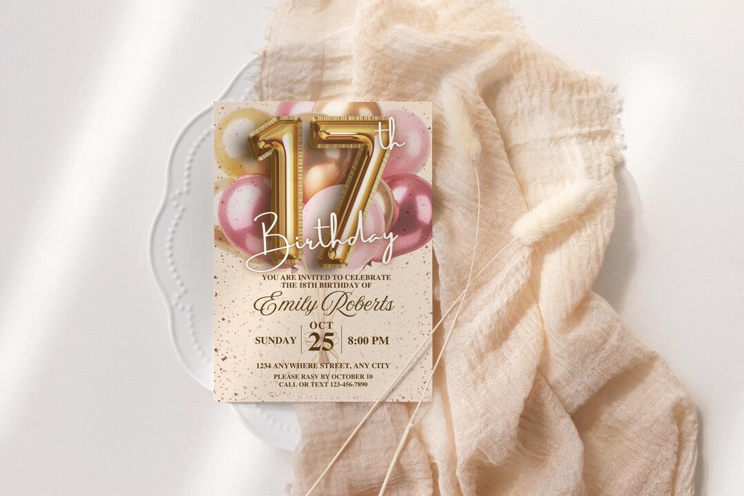 Rose Gold 17th Birthday Invitation: Editable Canva Template (digital ...