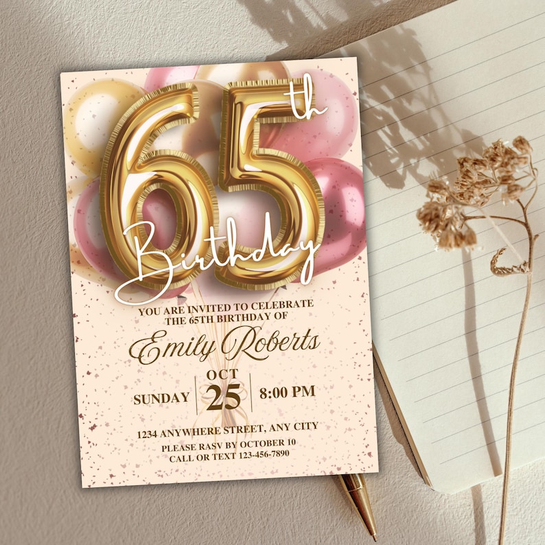 65th Birthday Invitation Rose Gold Elegant Balloon Party Canva Template ...