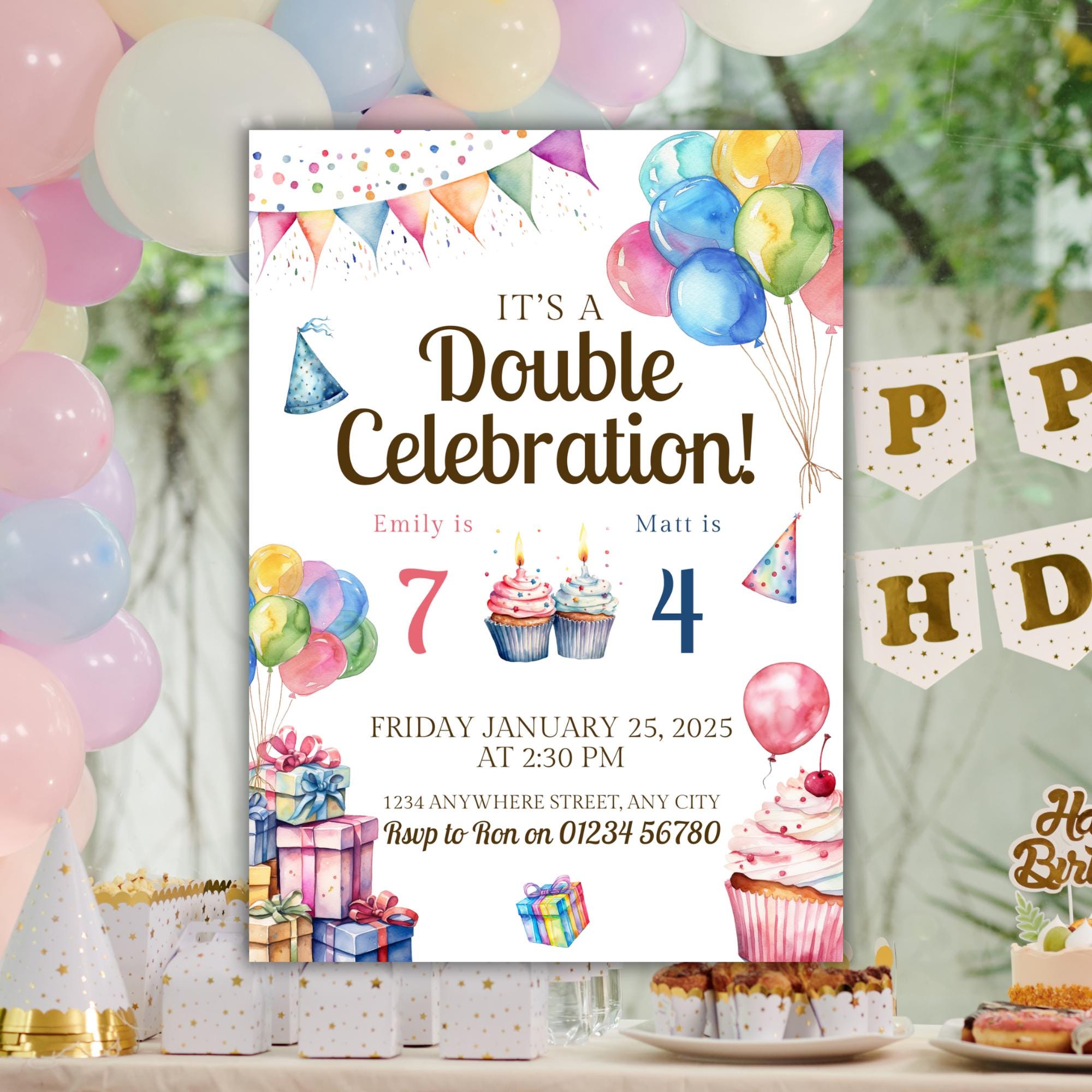 Joint Birthday Invitation: Watercolor Sibling Party Template (digital ...
