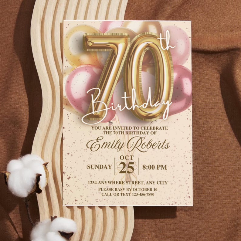 70th Birthday Rose Gold Balloon Invitation | Elegant Digital Invite for ...