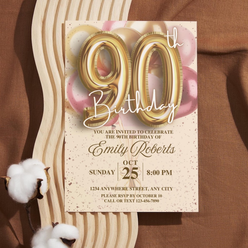 Rose Gold 90th Birthday Invitation: Elegant Balloons, Floral Design ...