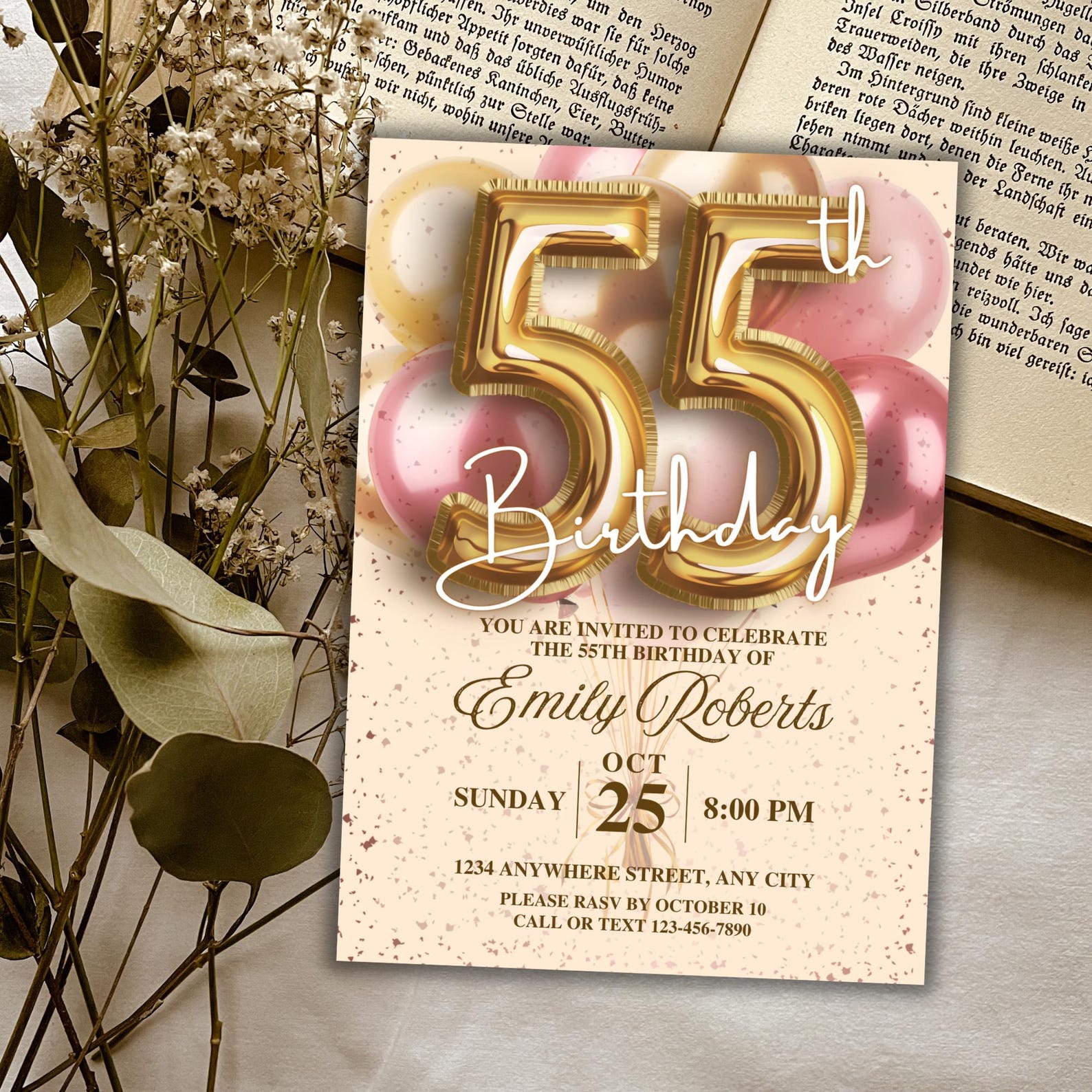 55th Birthday Invitation for Her – Rose Gold Party Canva Template ...