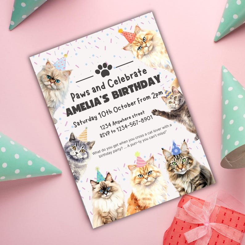 Cat Birthday Invitation, Editable Canva Template, Kitty Cat Party ...