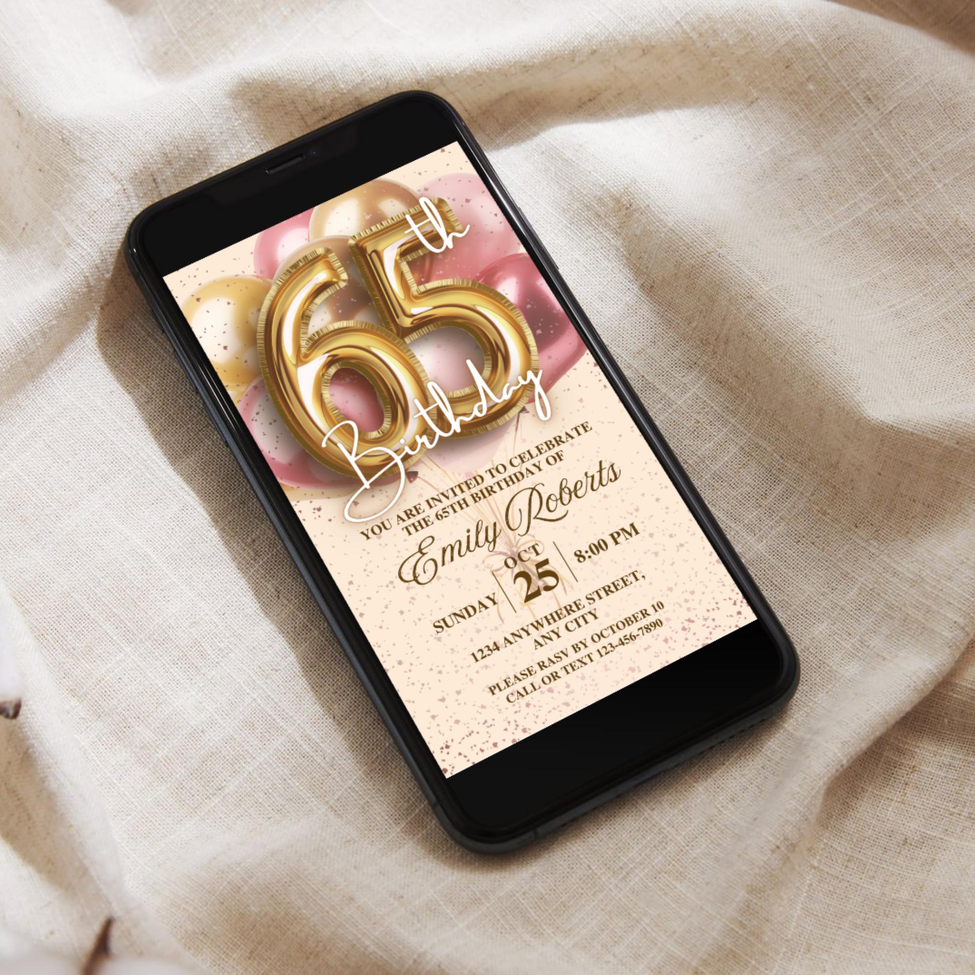 Digital Video 65th Birthday Invitation | Rose & Gold Balloon Theme ...