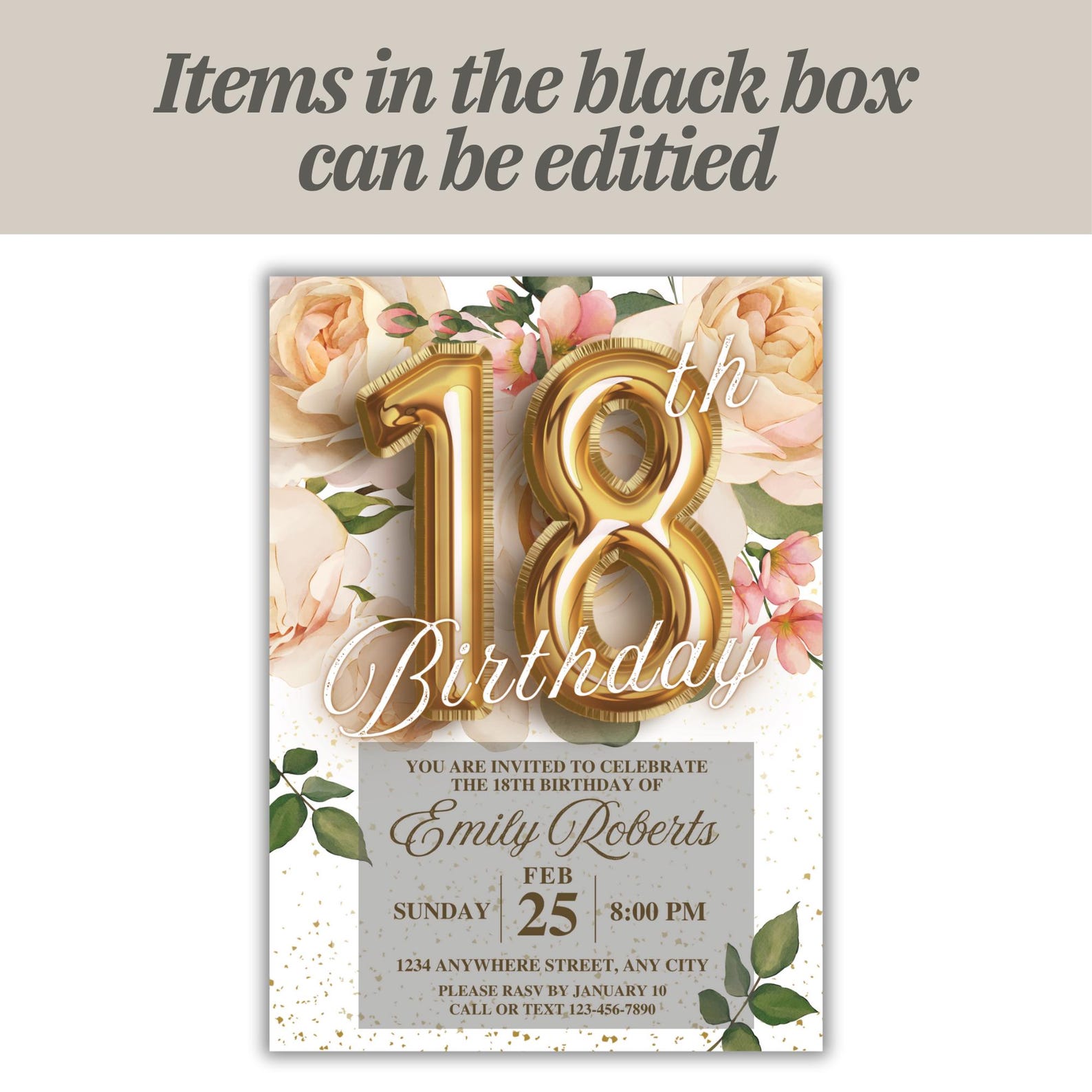 18th Birthday Invite Rose Flowers | Floral Personalized Invitation ...