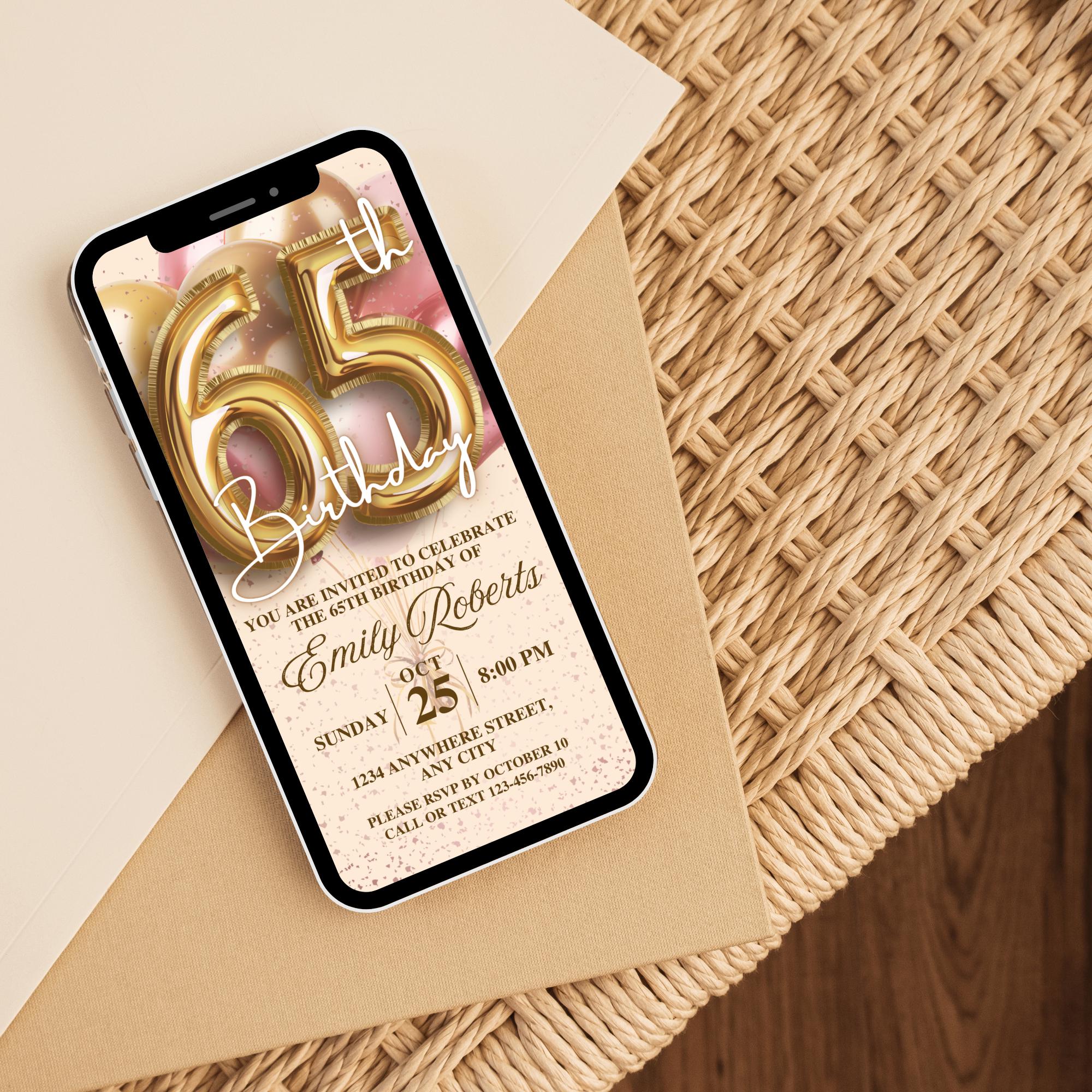 Elegant 65th Birthday Party Invitation | Rose Gold 65th Birthday Evite ...