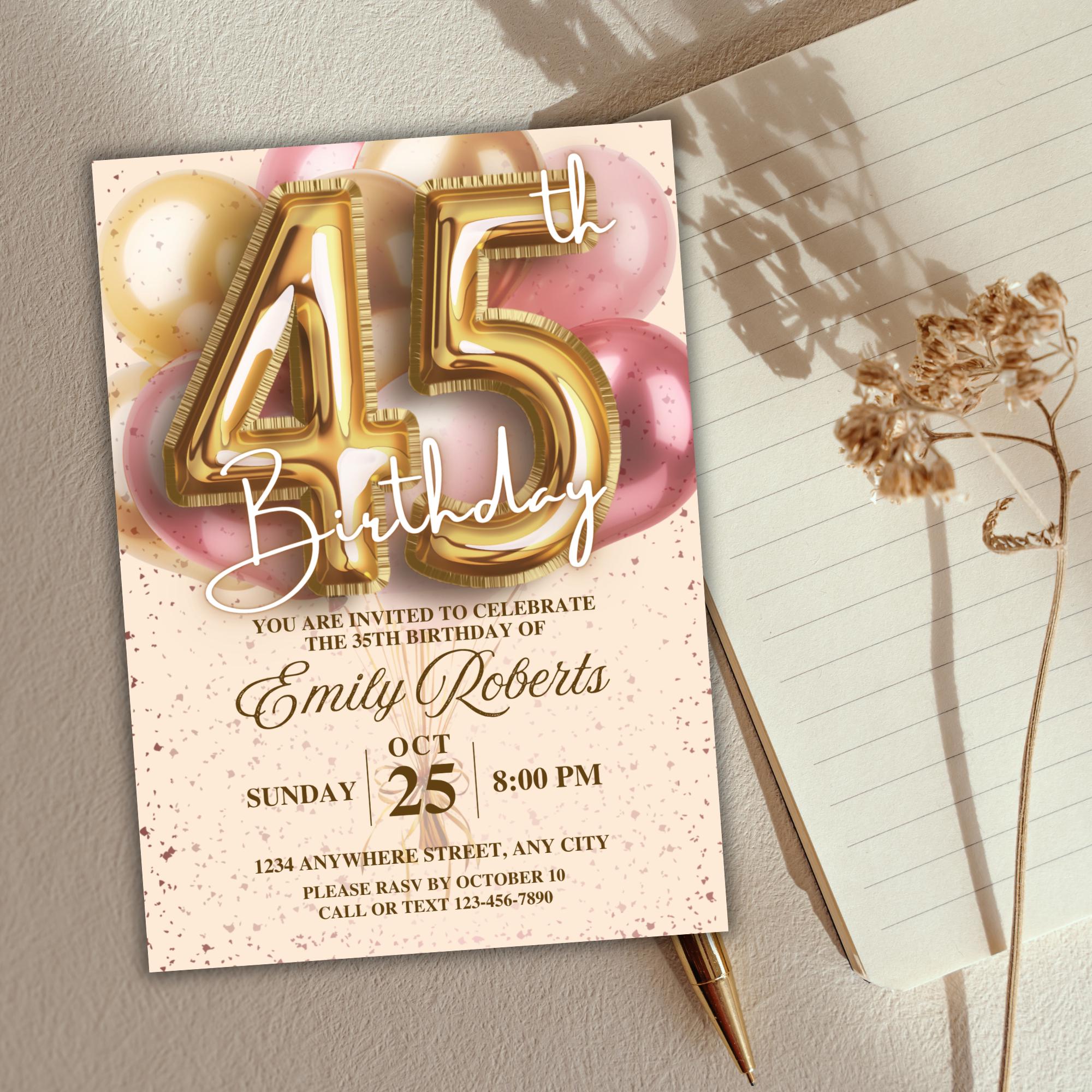 45th Birthday Invitation for Women – Rose Gold Party Canva Template ...