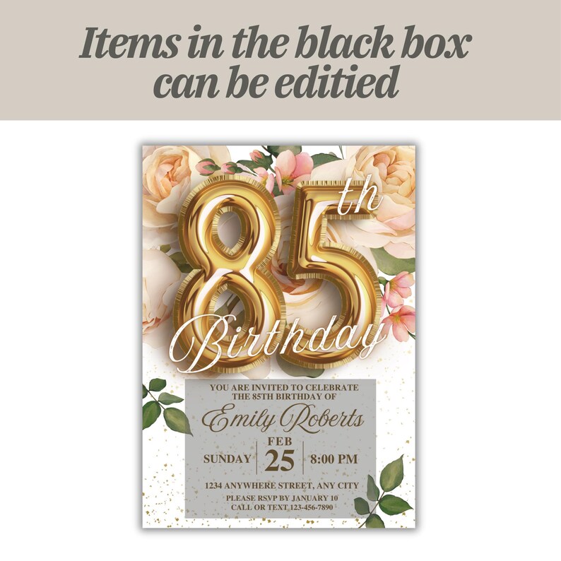 Rose Floral 85th Birthday Invitation: Elegant Rose Gold Canva Template ...