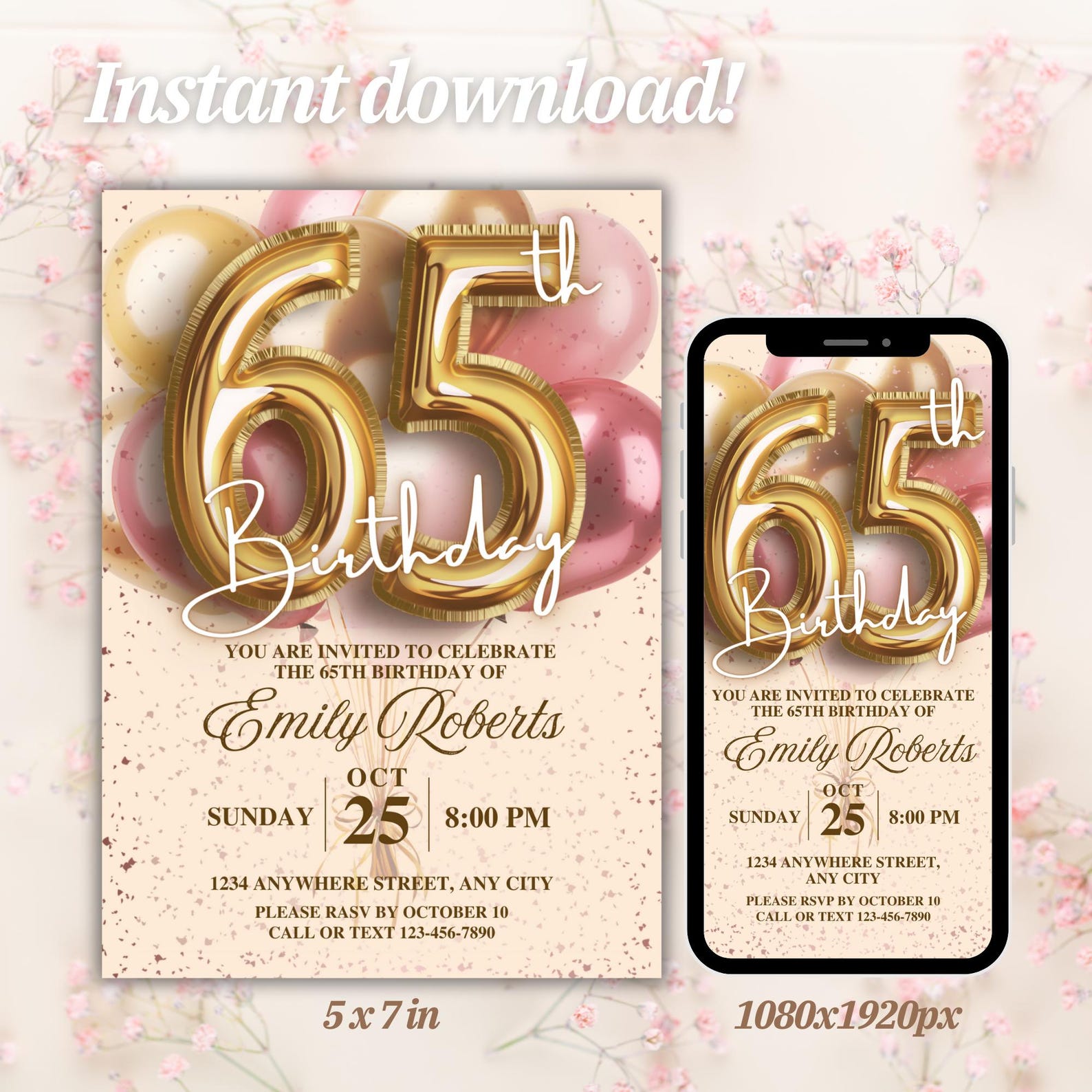 Elegant 65th Birthday Party Invitation | Rose Gold 65th Birthday Evite ...