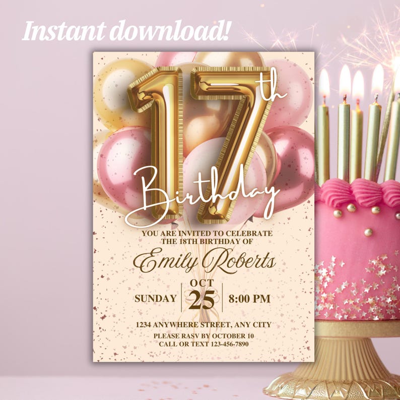 Rose Gold 17th Birthday Invitation, Editable Template, Instant Download ...