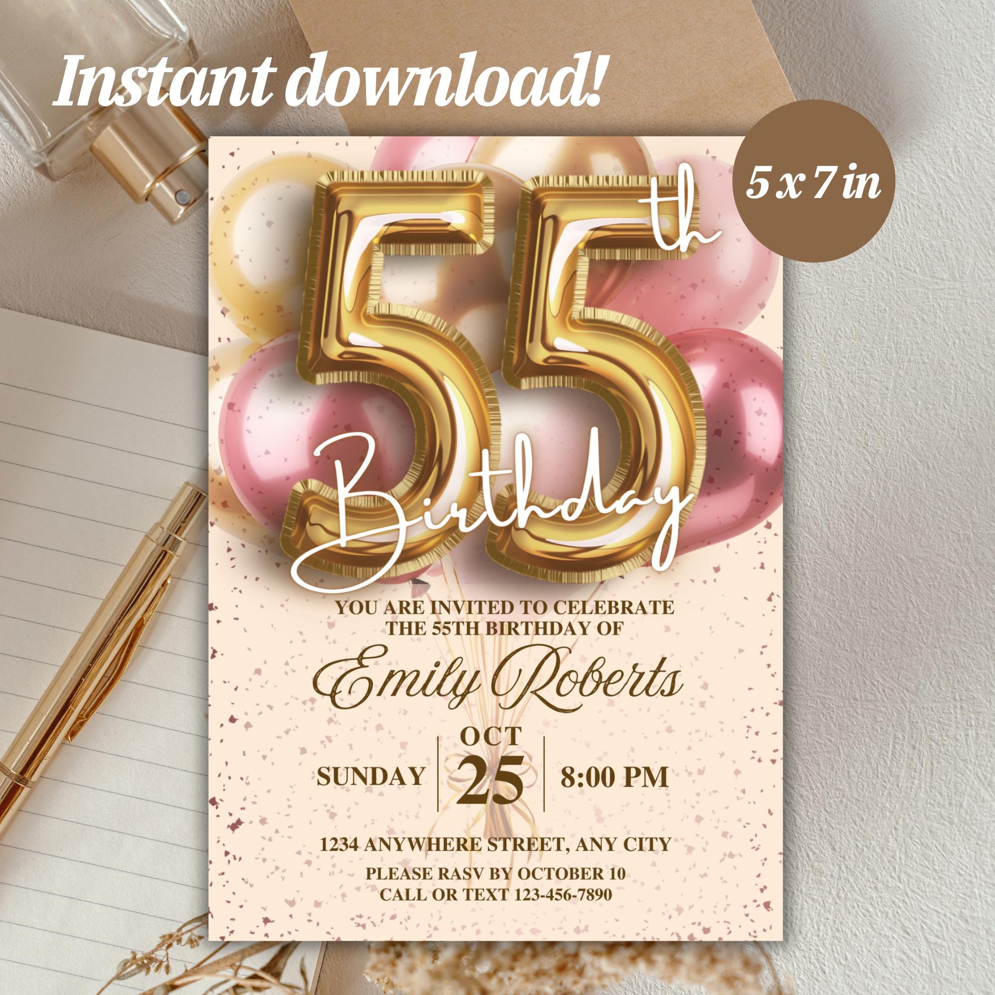 55th Birthday Invitation for Her – Rose Gold Party Canva Template ...