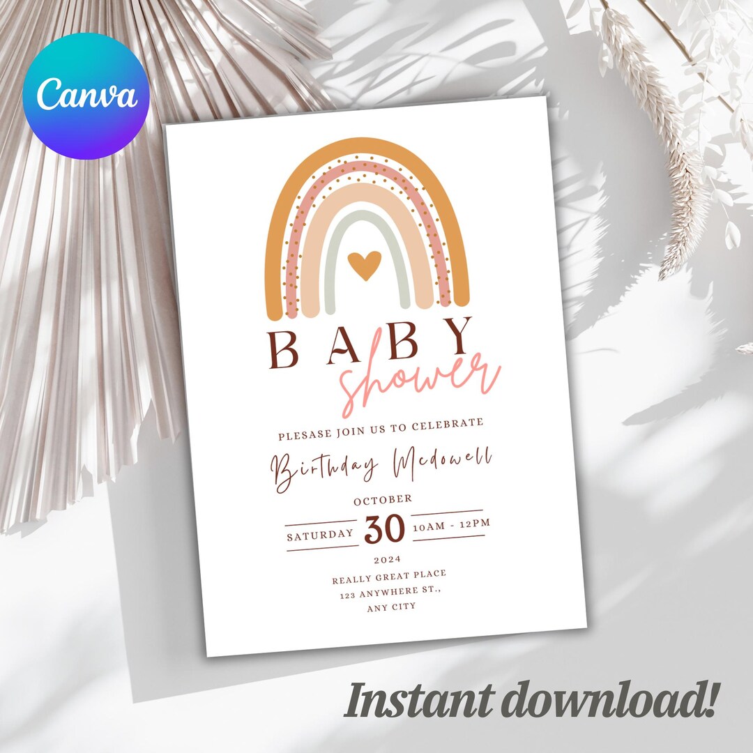 Plantilla de invitación para baby shower con arcoíris naranja bohemio ...