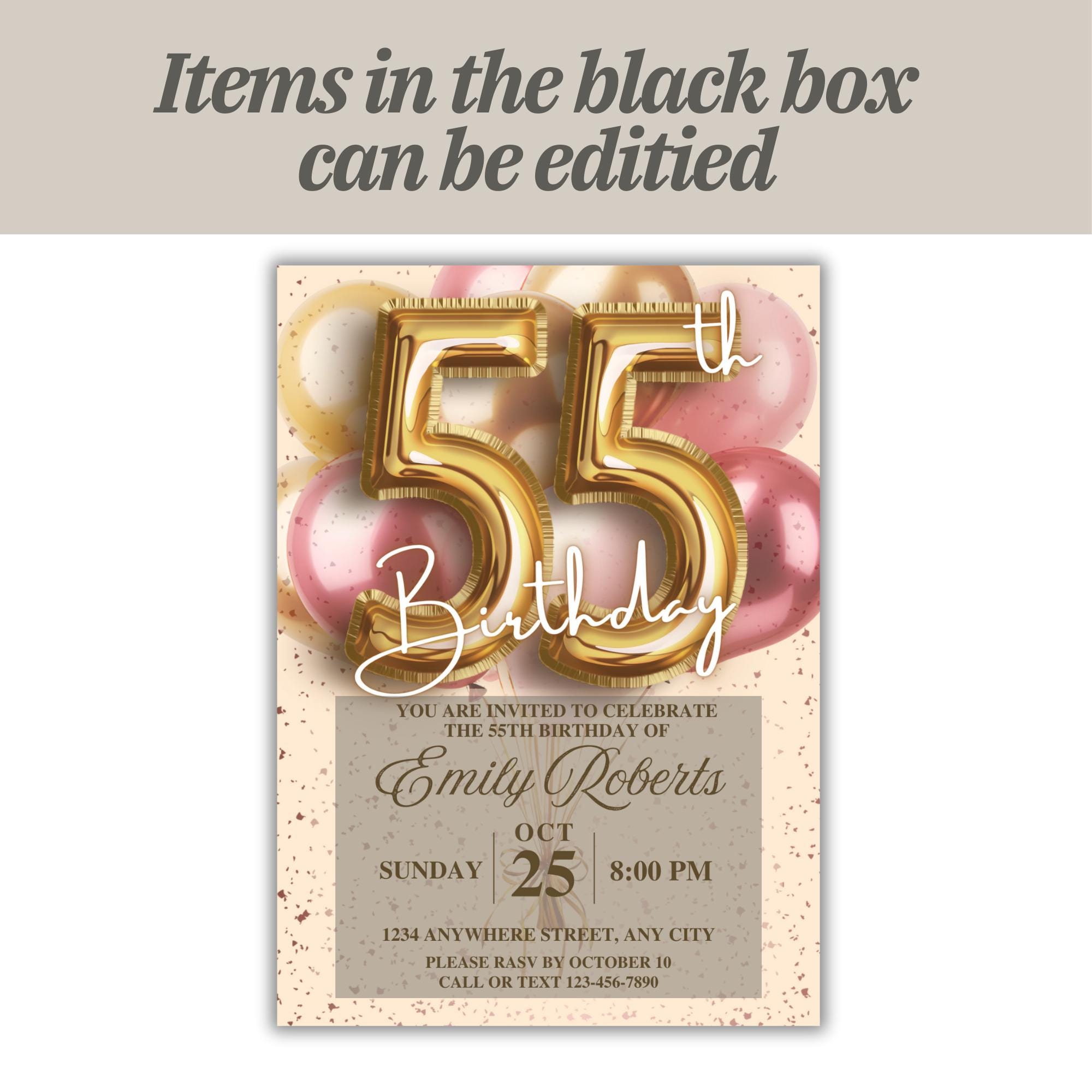 55th Birthday Invitation for Her – Rose Gold Party Canva Template ...