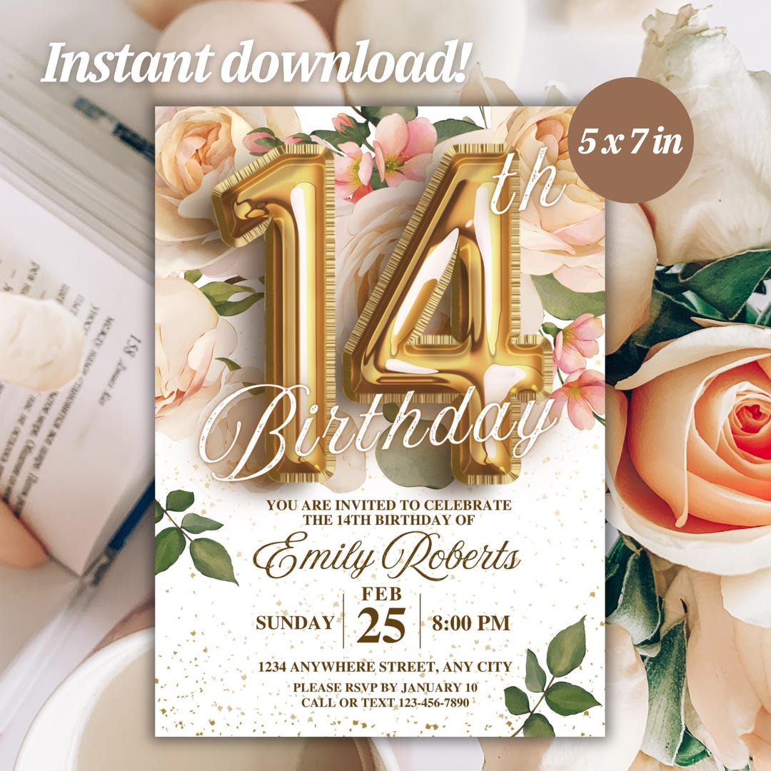 Rose Floral 14th Birthday Invitation: Editable Teen Party Template ...