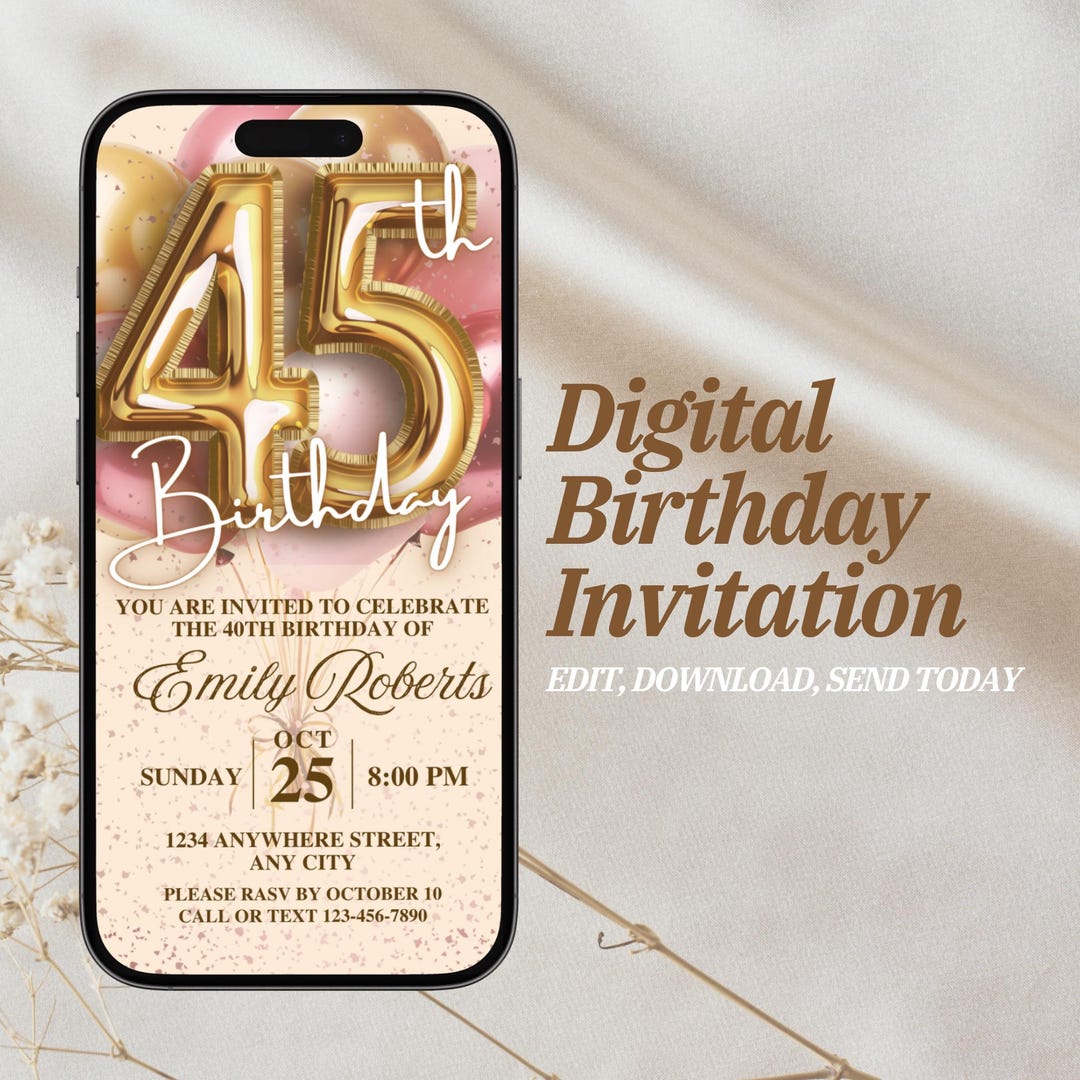 Gold Pink 45th Birthday Invitation | Editable Balloon Theme | Digital ...