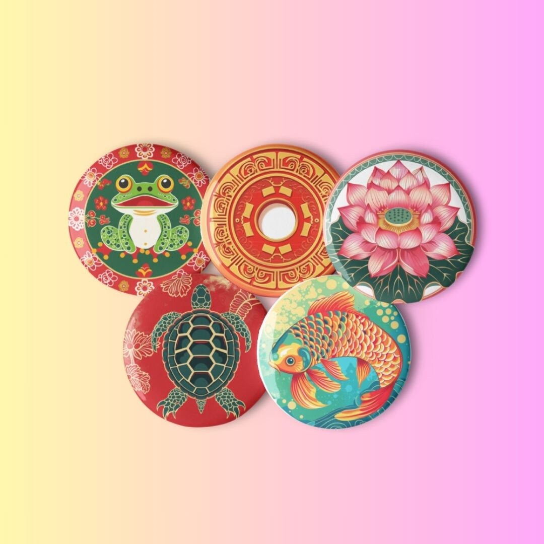 Chinese Lucky Charm Icon Pins, Set of 5pcs, Lucky Frog, Lotus, Arowana ...