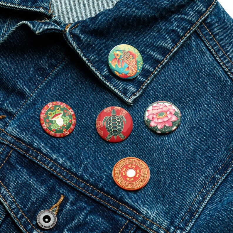 Chinese Lucky Charm Icon Pins, Set of 5pcs, Lucky Frog, Lotus, Arowana ...