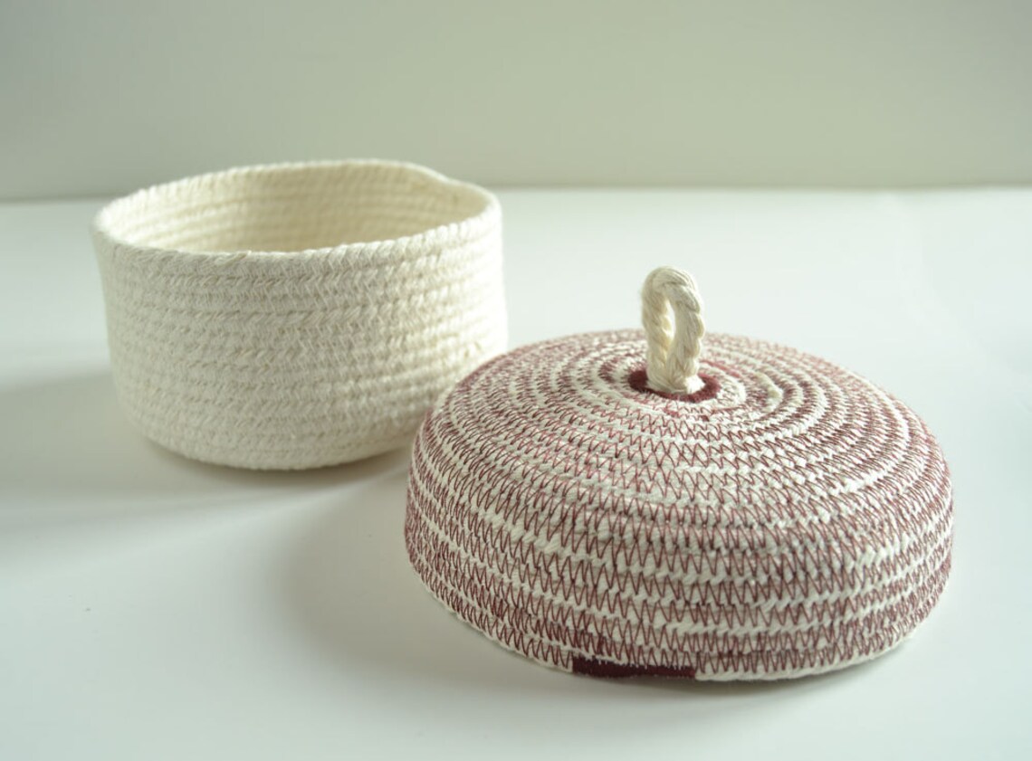 Cotton Cord Box With Lid: Burgundy Stitching, Boho Decor - Etsy