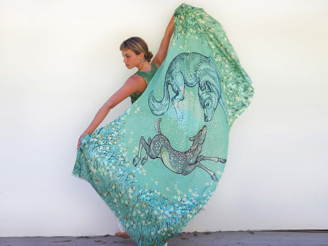 Numinous Light ~ Wolf and Deer Wrap Shawl, Thanksgiving Gift, Festival ...