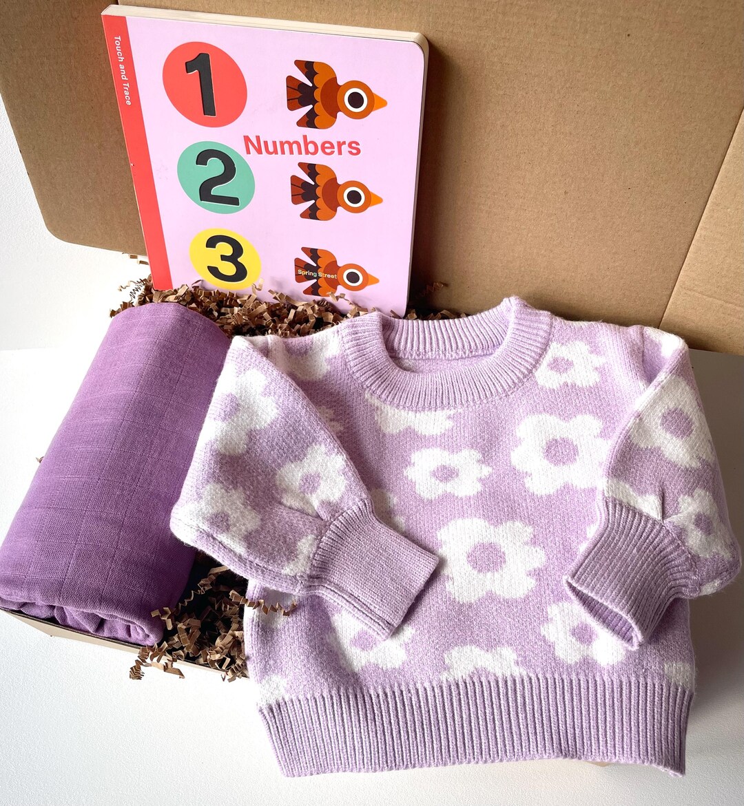 Purple Flower Baby Sweater Gift Box for Floral Shower Gift Set for a ...
