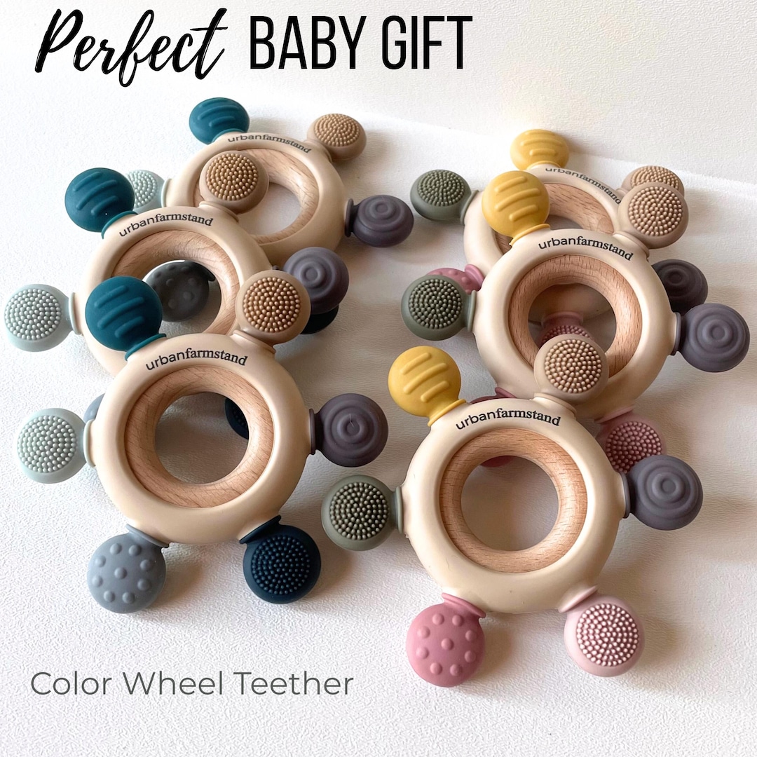 Wooden Baby Teether Silicone Teething Toy Natural Relief Baby Shower ...