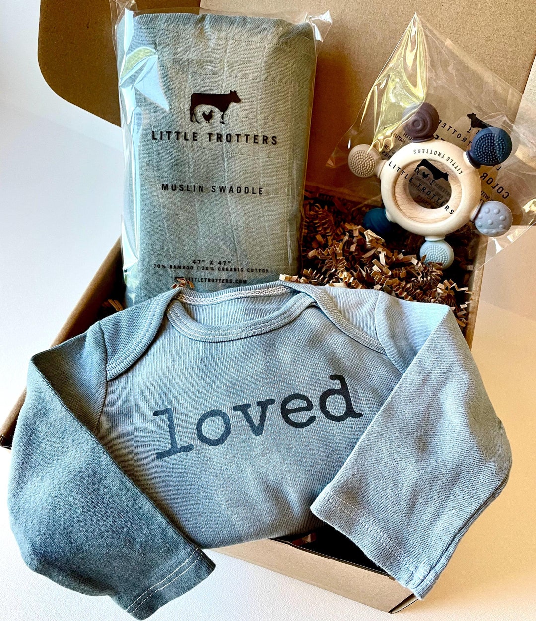 Baby Blue Hand Dyed Onesie Shower Gift Box With Ocean Blue Swaddle ...