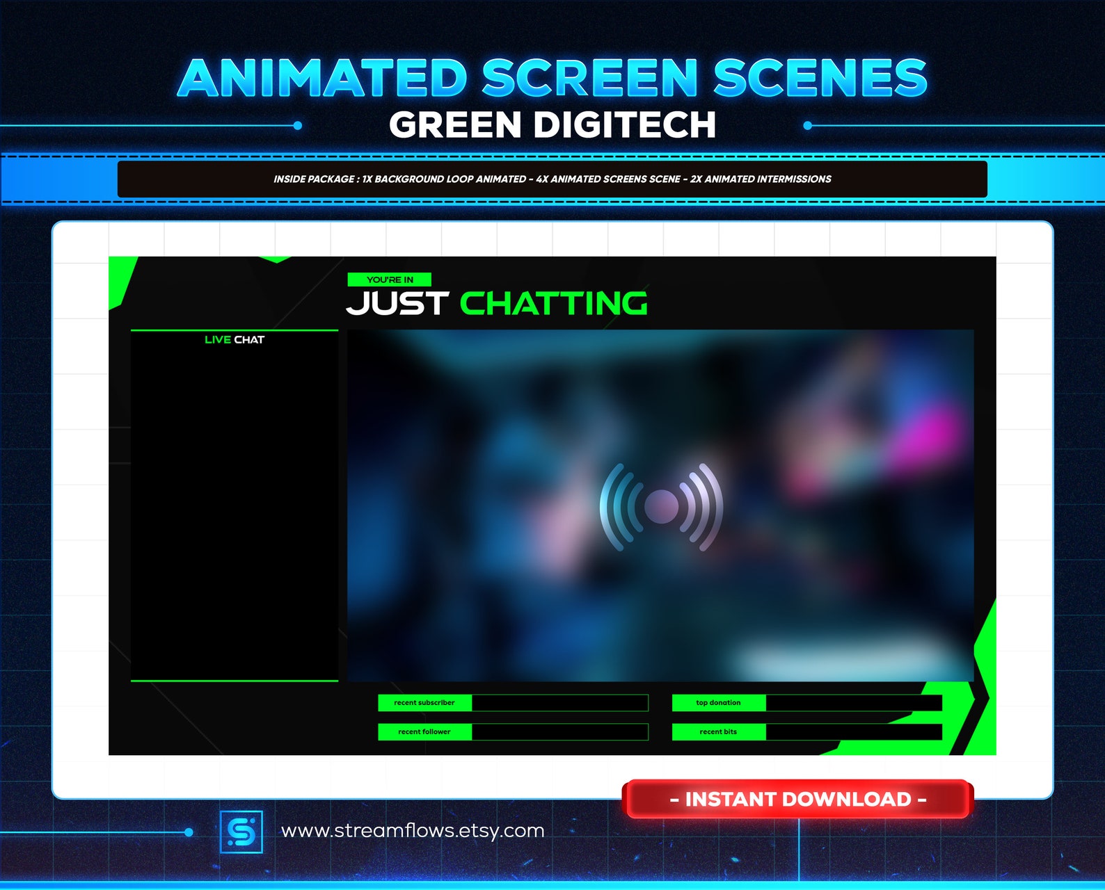 6x Green Digitech Animated Stream Screens Scene Pack for Twitch,kick ...
