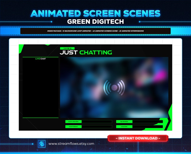 6x Green Digitech Animated Stream Screens Scene Pack for Twitch,kick ...