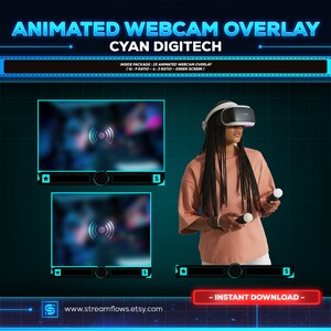 3x Cyan Digitech Animated Stream Webcam Overlay Pack for Twitch,kick,youtube | Complete ...