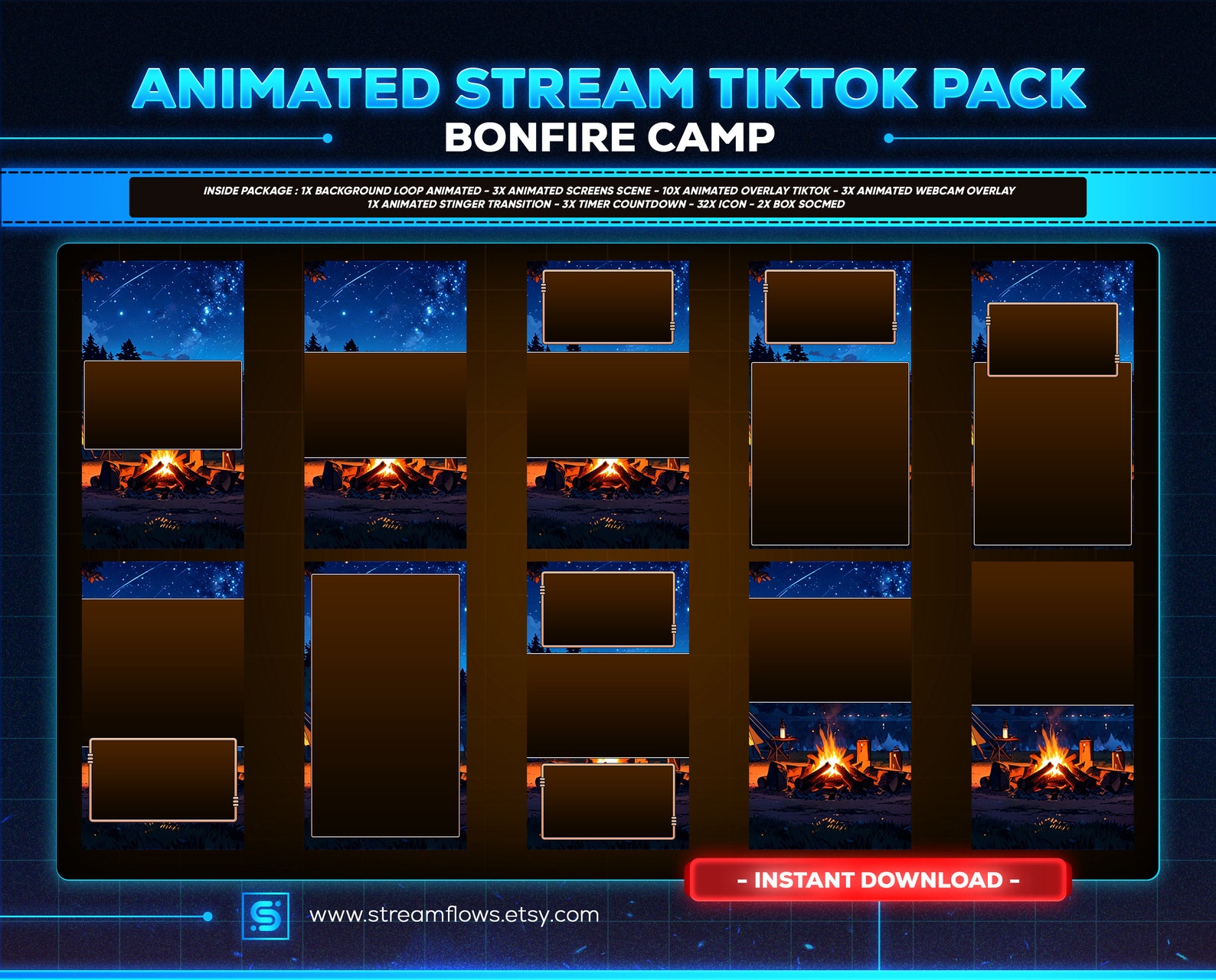Bonfire Camp Animated Tiktok Live Streaming Overlays Package | Screens ...